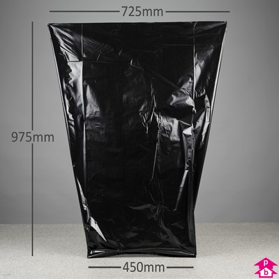 Black Waste Sack Heavy Duty Extra Long 450mm opening to 725mm wide x 975mm long 50 micron thickness. Approx 90 litres